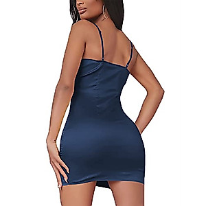 LYANER Women's Satin Silk Spaghetti Strap Slit Bodycon Sleeveless Mini Dress Navy Blue Medium