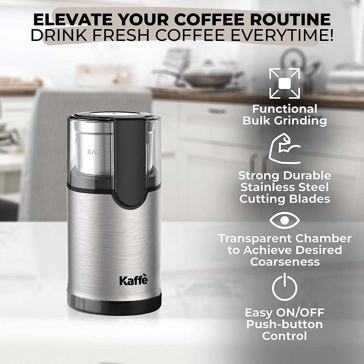 Kaffe Electric Coffee Grinder with Removable Cup (3.5oz) - Stainless Steel - Cleaning Brush Included - Espresso Coffee Bean Grinder for Home Use - Silver