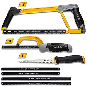 KATA Hacksaw Frame Set, 12" Hacksaw Frame, 10'' Mini Hacksaw and Drywall Saw/Jab Saw, Including 4pc Extra Flexible Bi-Metal HSS Blades, Handsaw for Metal, Wood, PVC Pipes