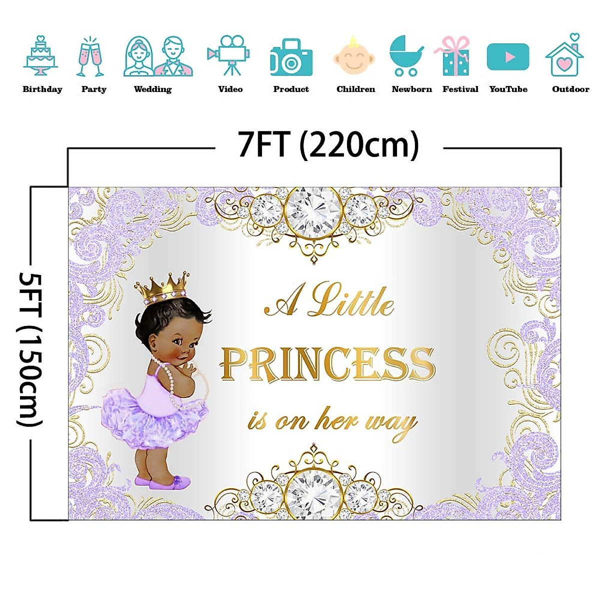 Mehofoto Purple Princess Baby Shower Backdrop Royal Silver Purple Photography Background 7x5ft Vinyl Royal Princess Baby Shower Party Banner Decoration
