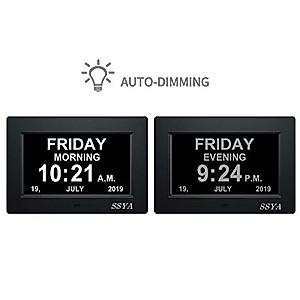 [Newest Version] 7 Inch Day Clock - 12 Alarm Options, Level 5 Auto Dimmable Display,Extra Large Impaired Vision Digital Clock with Non-Abbreviated Day & Month Alarm Clock (7 inch)