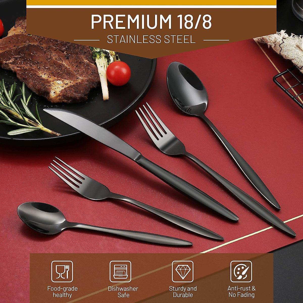 PUREAIN Silverware Set, 40 Pieces Flatware Set for 8, Anti-rust Stainless Steel Cutlery Set Including Fork Spoon and Knife, Dishwasher Safe, Black