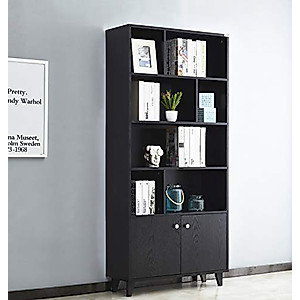 Mixcept Modern Bookcase with 2 Doors 68" Tall Storage Wooden Bookshelf with 7 Compartments for Home Office, Black