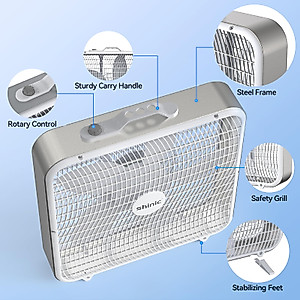 shinic 20 Inch Box Fan,3-Speed Cooling Fan for Air Circulation with Easy Carry Handle and Safety Grills,Powerful Fan for Indoor Use Home Garage and workshop,White