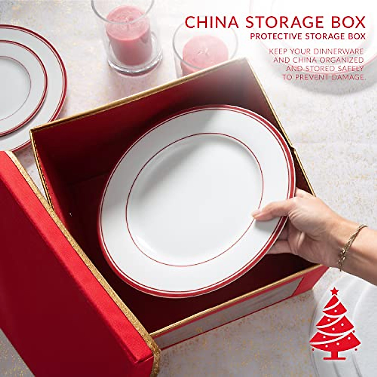 Simplify Holiday Dinner Plate Dinnerware Storage Box | 12.2 Inch | Christmas China | 12 Felt Dividers | Tableware Setting | Red
