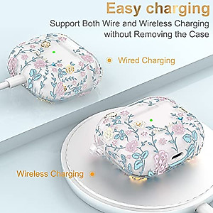 KINGXBAR Compatible with AirPods 3rd Generation Case, Cute Floral Clear Soft TPU Shockproof Protective Cover for Women Girls with Keychain for Apple AirPods 3 2021 Charging Case (Blue)