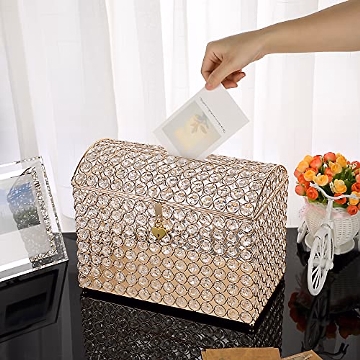 ELLDOO Crystal Wedding Card Box with Heart Lock, Money Card Box Treasure Chest Style Gold Gift for Wedding Receptions, Centerpiece Decor, Anniversary, Keepsake, Gift Display Box