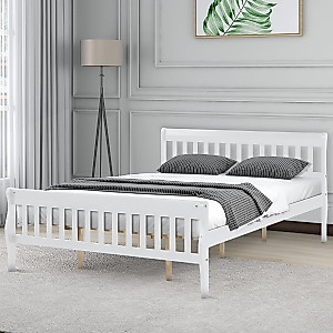 IULULU Queen Bed Frame, Solid Wood Platform Bed Frame with Headboard & Footboard, Queen Size Mattress Foundation with Wooden Slats Support, Easy Assembly, No Box Spring Needed, White