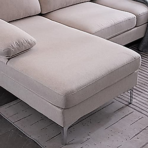 110”W U-Shaped Fabric Sectional Sofa with 2 Chaise Lounge Iron Feet 4-Seat Indoor Modular Sofa (Beige)