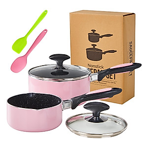 HooJay Nonstick Saucepan Set with Lid, Non Stick 1Qt & 2Qt Sauce Pan Set with Glass Lid Small Pot for Home Kitchen