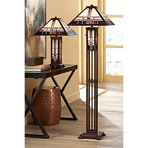Robert Louis Tiffany Mission Southwest Tiffany Style Standing Floor Lamp with Night Light Art Deco 60.5" Tall Oiled Bronze Copper Stained Glass Shade Decor for Living Room Reading House Bedroom