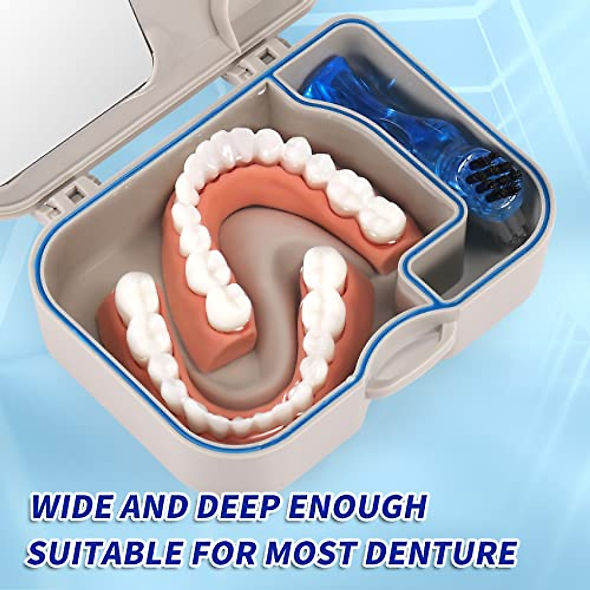 Annhua Denture Cup Bath Box Case with Mirror and Cleaning Brush, Dental Case with Brush Retainer Cleaning Case Mouth Guard Storage Soaking Cup Holder for Travel, Office, Household Use