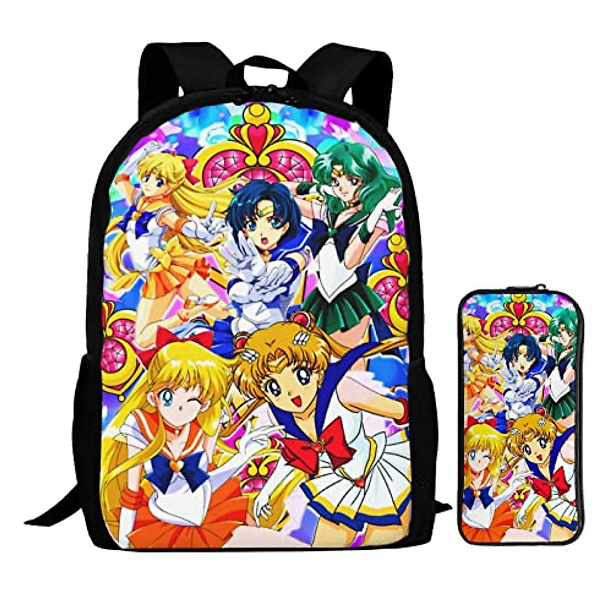 3D Anime Backpack Cartoon Backpacks 17in Bookbag Anime Laptop Daypack Matching Pencil Case Set Color S1