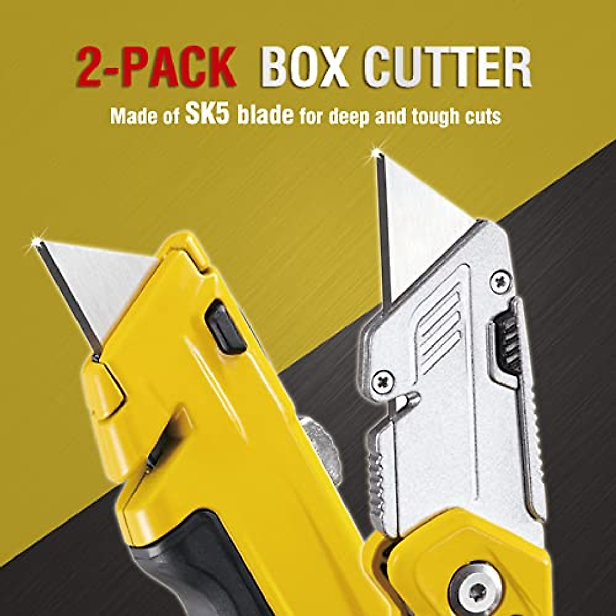 KATA 2Pack Utility Knife Box Cutter Retractable Folding Razor Knife Set Heavy Dudy Safety Cutter, 10pcs SK5 Sharp Blades Included, Yellow