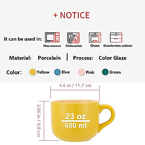 TeenFighter Porcelain Large Oatmeal Mug - 23 Ounces(680mL) Wide Coffee Mug, Breakfast Cup and Soup Bowl, Microwave and Dishwasher Safe, Ceramic Mug for Milk, Tea, Fruit, Ice Cream…