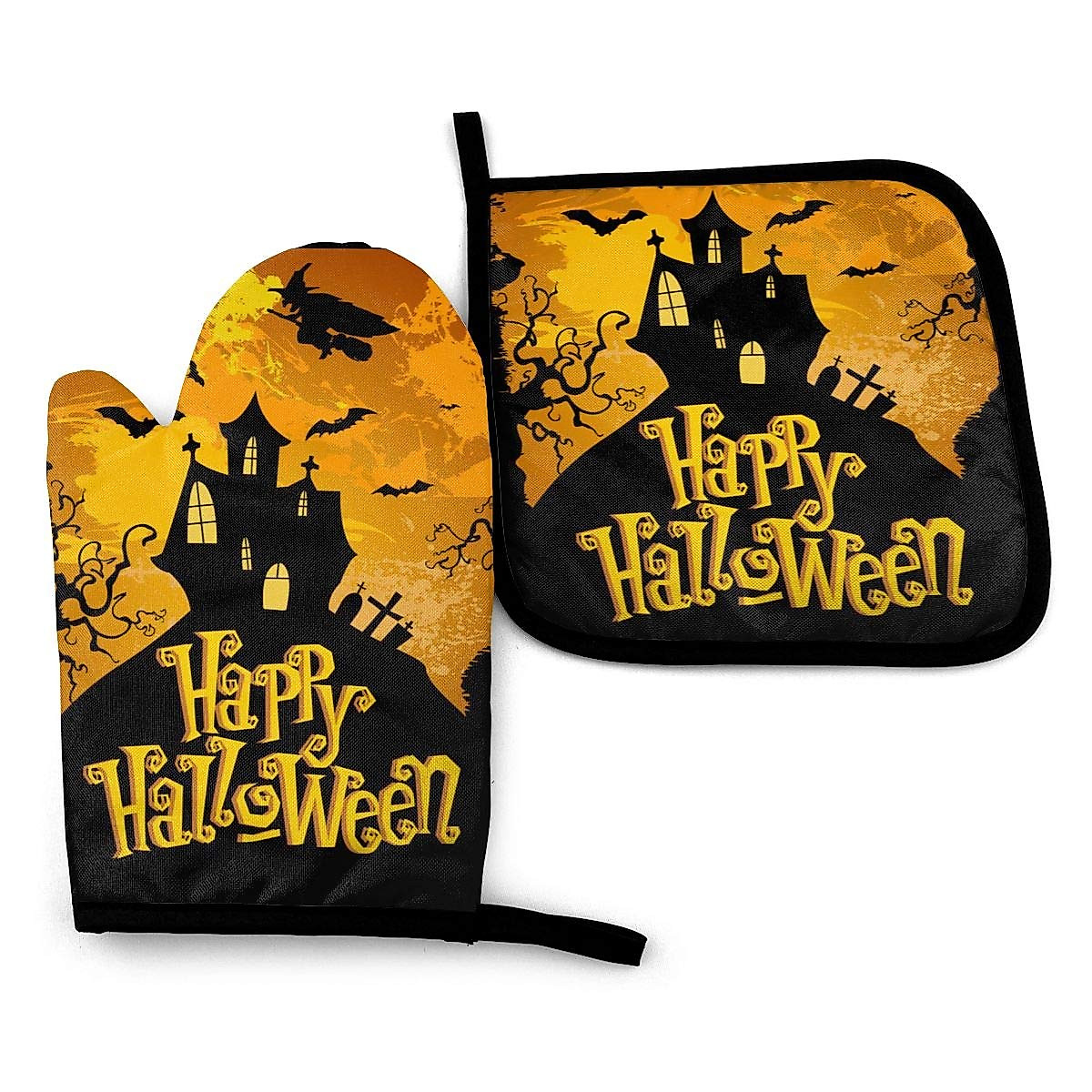 Halloween Funny Oven Mitts and Pot Holders Sets Heat Resistant Oven Gloves with Non-Slip Surface for Reusable for Baking BBQ Cooking