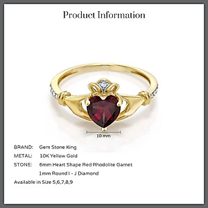 Gem Stone King 10K Yellow Gold Irish Celtic Claddagh Red Rhodolite Garnet and Diamond Accent Engagement Ring For Women (0.78 Cttw, Available in size 5, 6, 7, 8, 9)