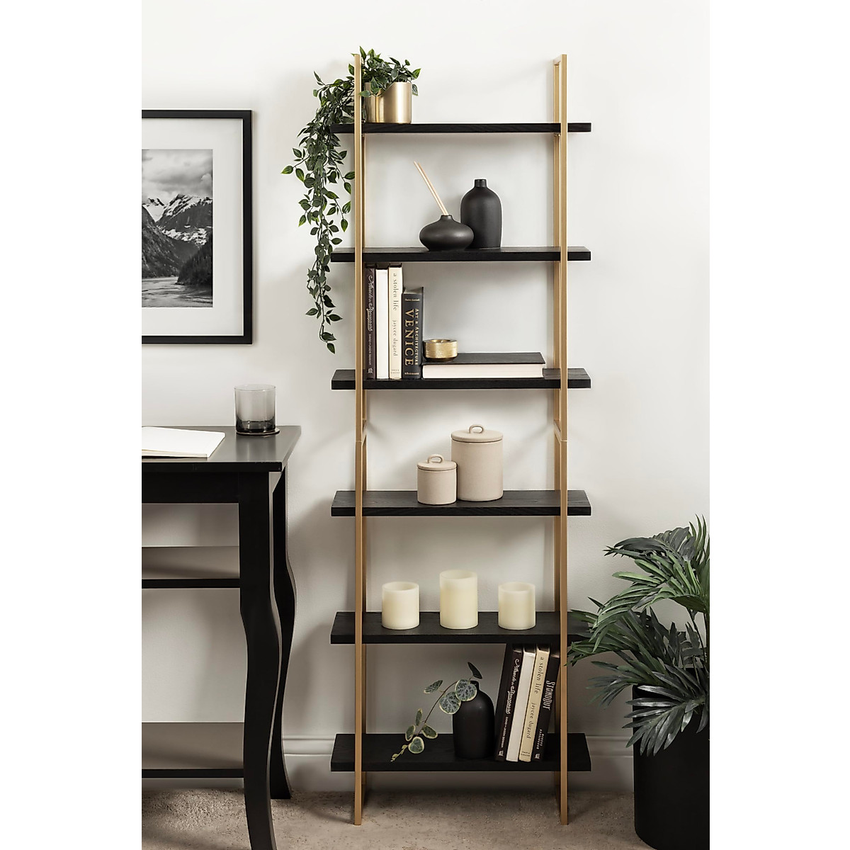 Kate and Laurel Leigh Modern 3 Tier Wall Shelf, 20 x 7 x 30, Black and Gold, Decorative Contemporary Glam Multi-Tiered Shelf Wall Organizer for Storage and Display