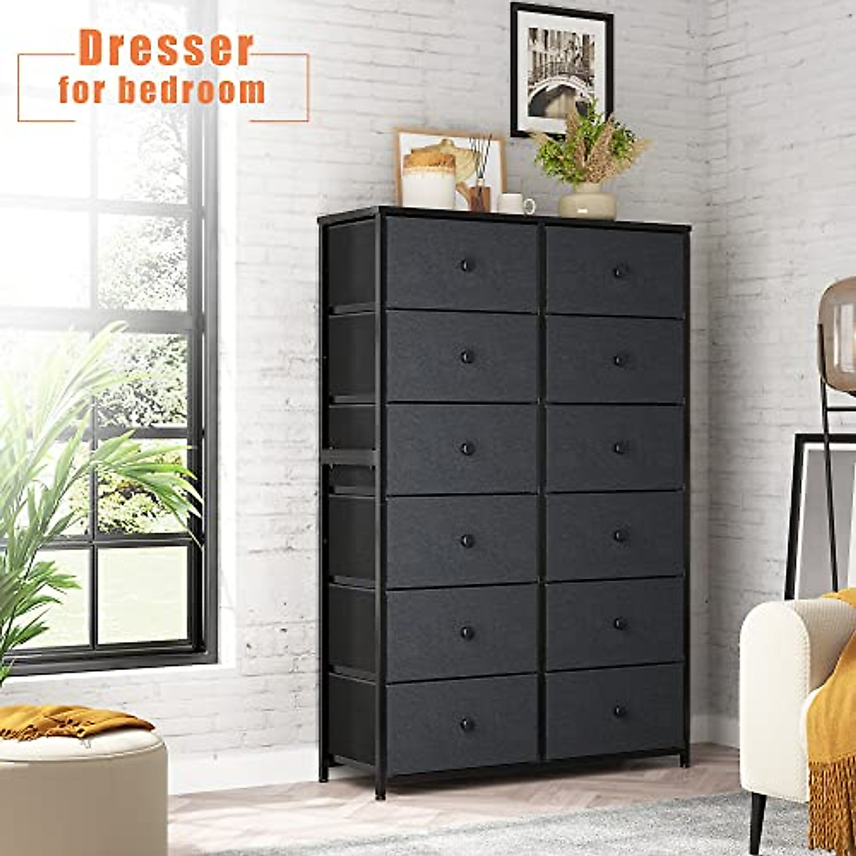 EnHomee 12 Drawer Dresser, Tall Dressers for Bedroom with Wooden Top and Metal Frame, Black Dresser & Chest of Drawers for Bedroom, Closet Living Room, Black Grey, 11.9" D x 34.8" W x 52.2" H