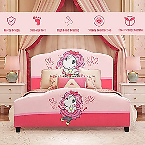 Costzon Twin Bed Frames for Kids, Wood Upholstered Twin Bed Platform with Slat Support, Padded Headboard&Footboard, No Box Spring Needed, Easy Assembly, Fits Standard Twin Mattress (Little Girl)