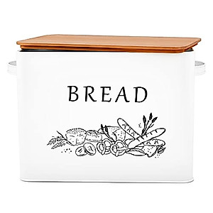 E-far Bread Box for Kitchen Countertop, Metal Bread Storage Container Bin with Bamboo Lid for Cutting Bread, Extra Large & Farmhouse Style, 13” x 7.2” x9.8”, White