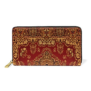 Vintage Persian Carpet Texture Red Retro Style Leather Long Wallet Organizer with Zipper Purse Clutch Bag for Women Men Key Card Coin Passport Checkbook