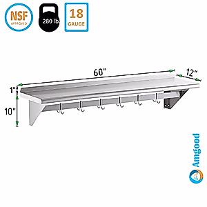 AmGood 12" x 60" Stainless Steel Wall Mounted Pot Rack with Shelf | NSF Certified