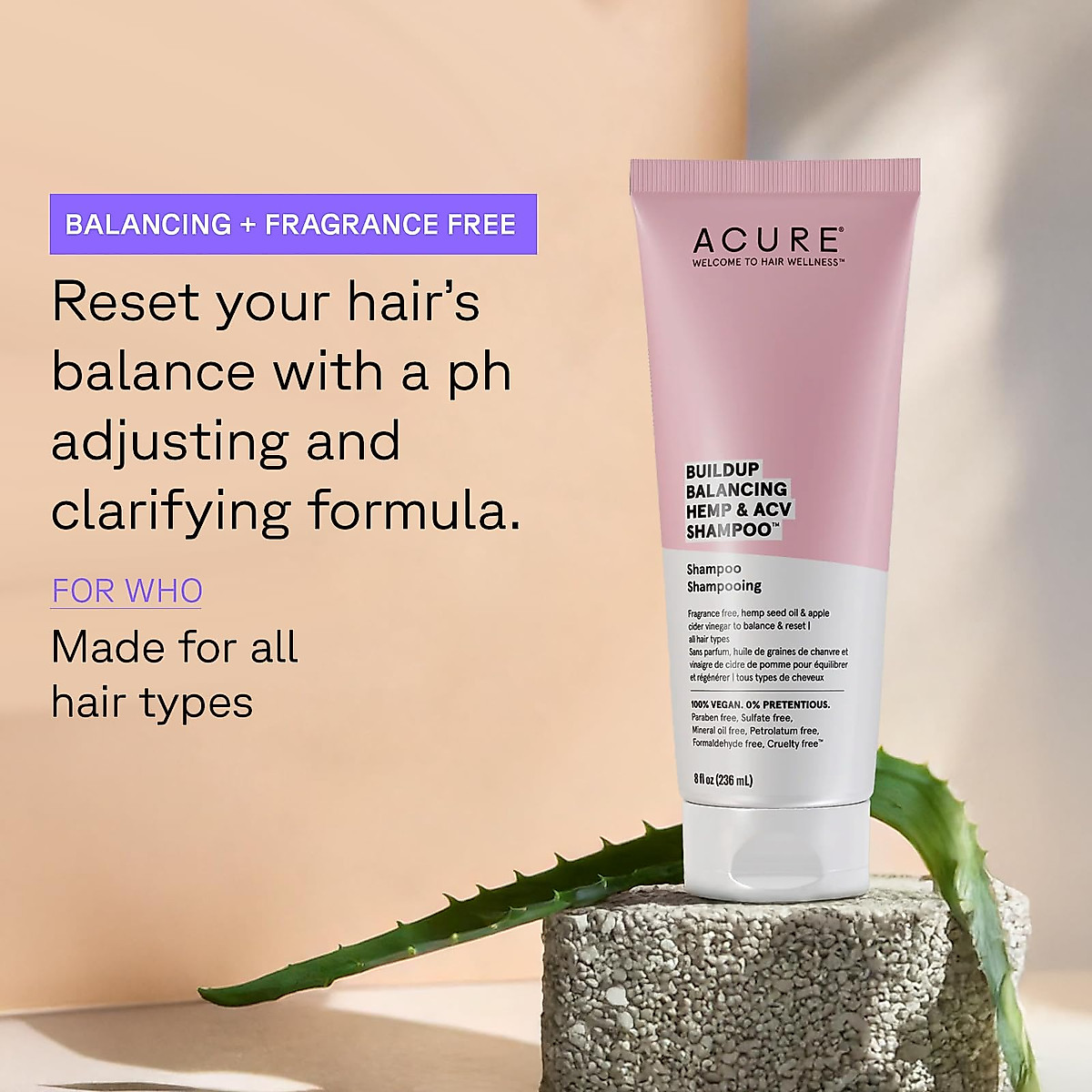 ACURE Buildup Balancing Hemp & Apple Cider Vinegar Shampoo | 100% Vegan | Resets & Balances Hair for Styled, Swim & Harsh Conditions | Fragrance Free Formula | 8 Fl Oz