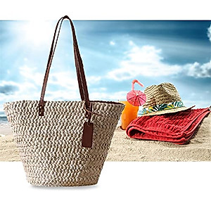 YFQHDD Summer Straw Bags Women Handmade Woven Basket Shoulder Bags Beach Travel Large Capacity Tote Bags (Color : Photo Color, Size : One Size)