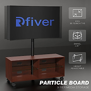 Rfiver Swivel Wood TV Stand on Wheels with Mount for 32-70 Inch Flat Screen TVs, Rolling Entertainment Center with 4-Shelf Storage for Media Console, Universal Floor TV Stand Cabinet for Home, Walnut