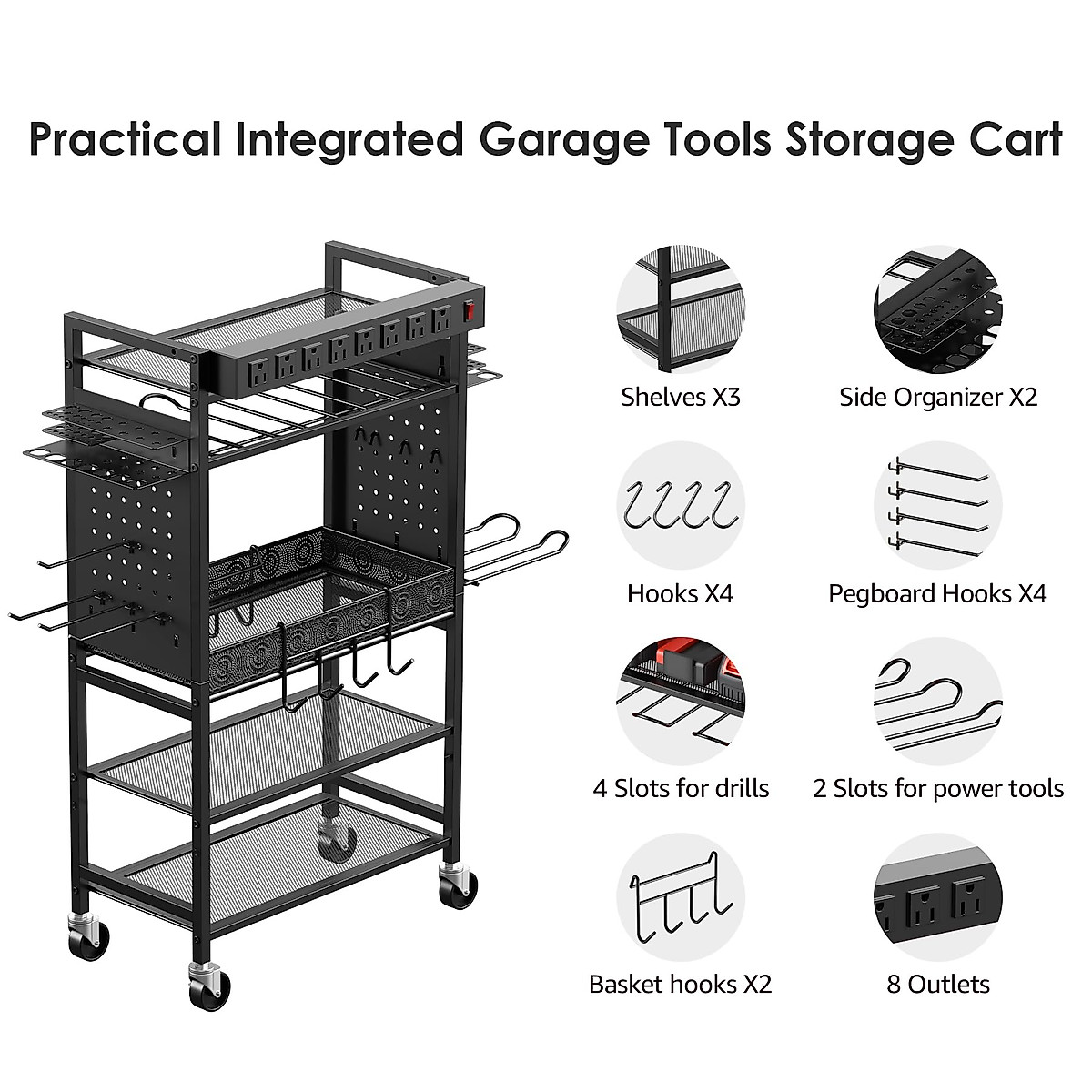 CCCEI Power Tool Organizer Cart with Charging Station, Garage Floor Rolling Storage Cart on Wheels for Mechanic, Mobile 6 Drill, Tool Box Utility Cart with Battery Charging Power Strip, Black