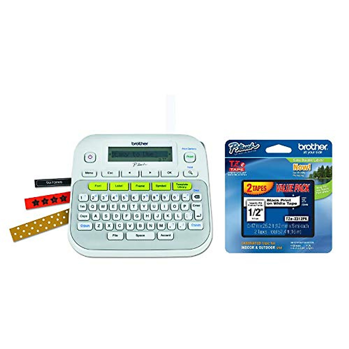 Brother Printer Compact Label Maker Value Pack with 2 Tapes (PT-D210)(TZE2312PK)