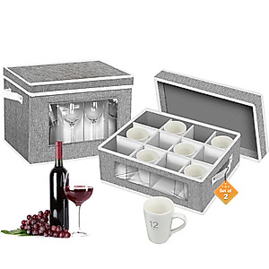 2 Pack China Storage Containers Set, Coffee Mug and Wine Glass Storage Box with Dividers, Cup and Stemware Storage Cases Organizer for 12 Tea Cups & 12 Crystal Glassware Moving and Protection (Grey)