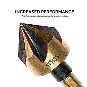 NEIKO 10218A Countersink Drill Bit Set for Wood and Metal, 1/4” Tri-Flat Shank, 5 Piece Countersink Bits, M2 High Speed Steel