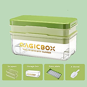 LittleStar Silicone Ice Cube Trays with Press Lid Ice Makers Mold with Container & Scoop 64Pcs x0.95 inch Small Square Ice Cubes for Whisky Chingling Cocktail and Milk Tea (Green)