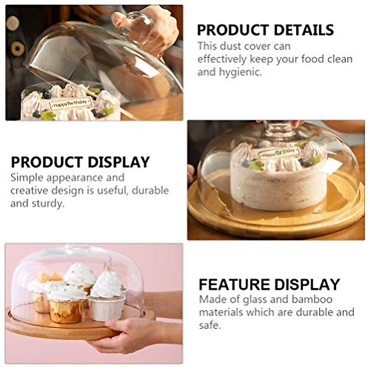 DOITOOL Cake Stand with Dome, Cake Plate Server Platter, Wood Cake Stand with Glass Dome, Cake Display Server Tray, 8.25x8.25x5.78inch
