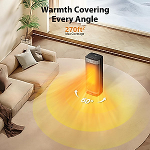 Space Heater Indoor with Thermostat, 16 inch PTC Electric Heater, 60°Oscillating, 4 Modes, 12h Timer, 1500W Portable Heater for Indoor Use, Grey