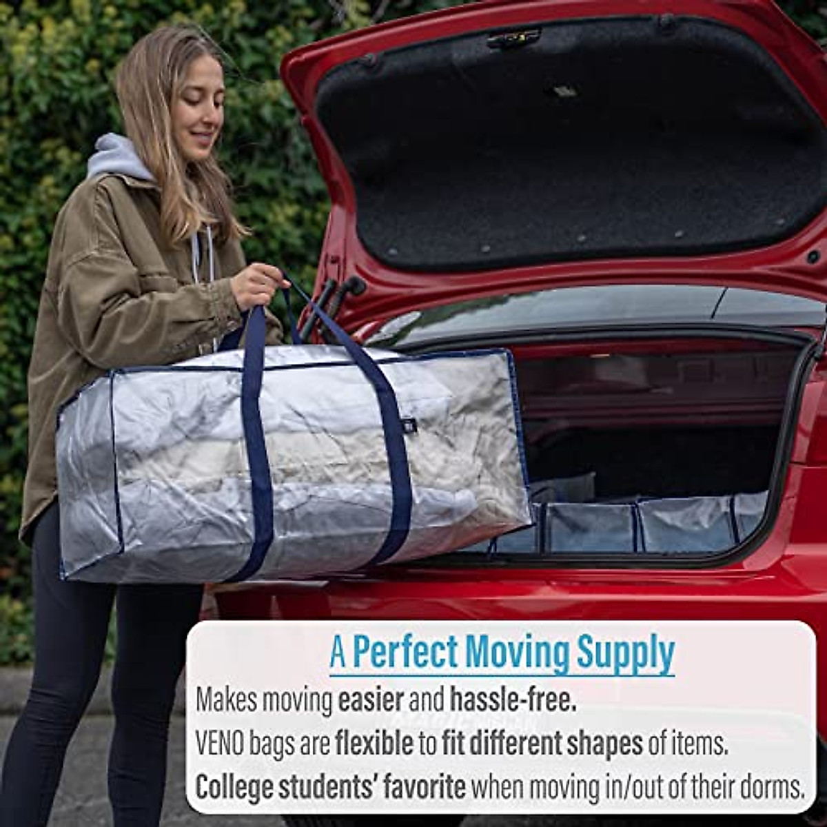 VENO 8 Pack Heavy Duty Extra Large Clear Storage Bag, Moving Bag, Clothes Organizer, for Blanket, Comforter, Bedroom Closet, Dorm Room Essentials, Moving Supplies, Storage Tote, Reusable and Sustainable (Clear - Set of 8)