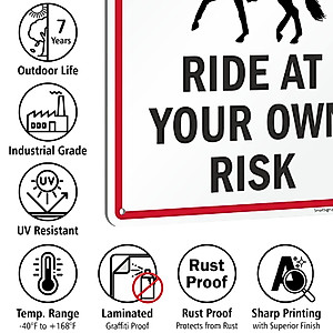 SmartSign 14 x 10 inch “Warning - Ride At Your Own Risk” Metal Sign with Graphic, 40 mil Laminated Rustproof Aluminum, Red, Black and White, Made in USA
