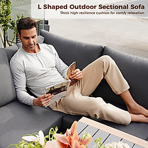 Grand patio 4-Piece Aluminum Patio Furniture Set, L Shaped Outdoor Sectional Couch with Dining Table and Bench, Modern Outdoor Conversation Corner Sofa with Chaise, Faux Wood Grain Finish