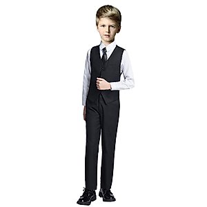 Fersumm Boys Suits Slim Fit Dress 4 Pieces Vest Set Youth Suits for Formal Occasions Black Size 2T