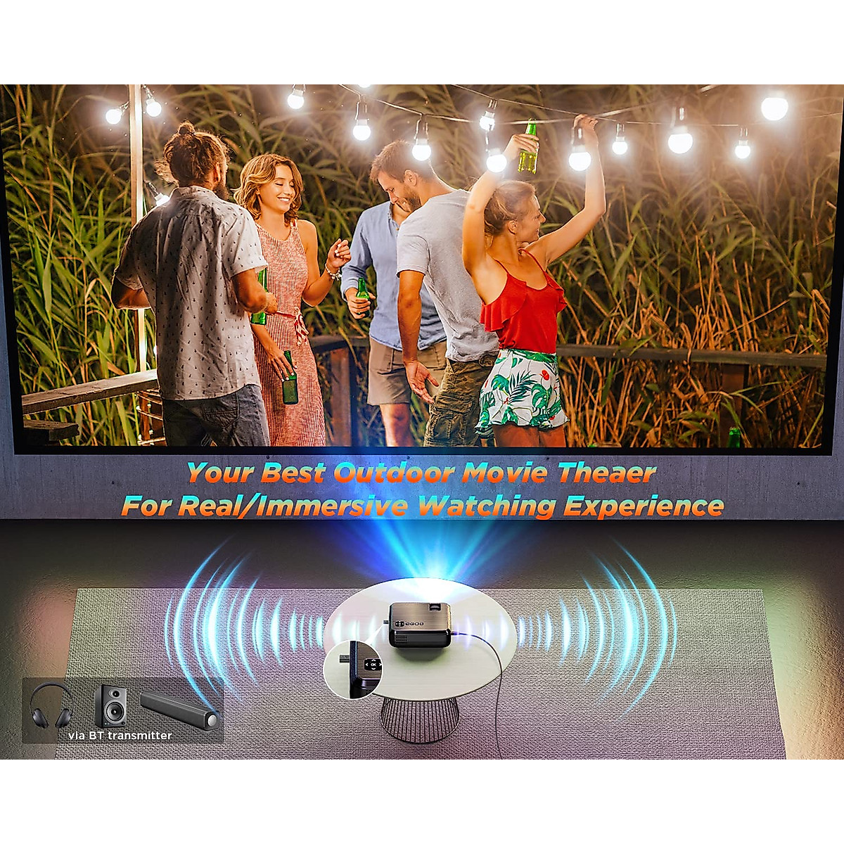 Mini Portable Projector, 1080p Supported WiFi Projectors, Native 720P Outdoor Movie Projector, 8000L & 200 Inches Mini Projector for iPhone, Compatible w/TV Stick, PC, Laptop, DVD Player