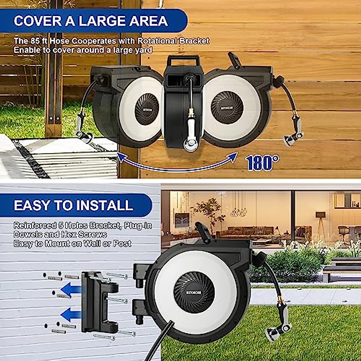 Retractable Garden Hose Reel by BSTOKCAM, 1/2" x 90 FT Hybrid Rubber Hose, Heavy Duty Water Hose Reels Automatic Rewind Storage, 10 Patterns Nozzle Included