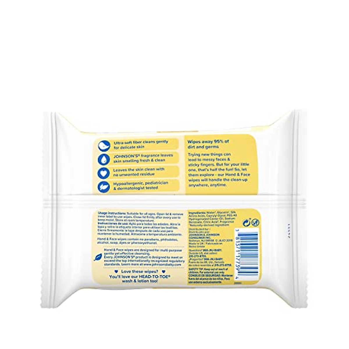 Johnson's Baby Disposable Hand & Face Cleansing Wipes, Pre-Moistened Wipes Gently Remove 99% of Germs & Dirt from Delicate Skin, Paraben-, Phthalate- & Alcohol-Free, Hypoallergenic, 25 ct