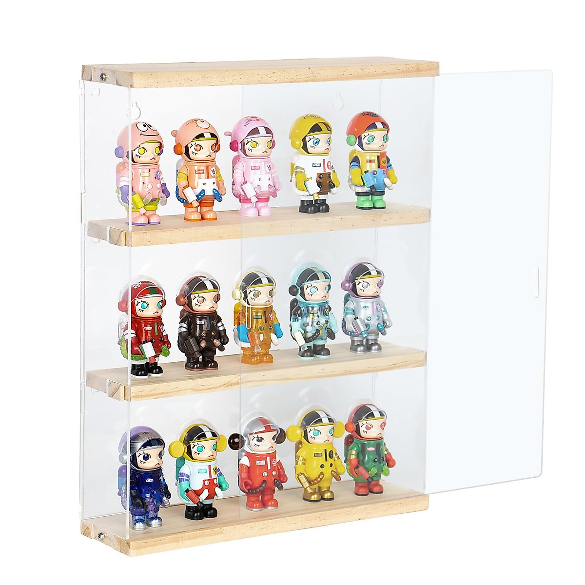 Nynelly 3-Layer Acrylic Display Case, Wall Mounted Display Box Countertop Cabinet for Collectible, Clear Display Case with Door for Mini Funko Pop, Action Figure, 11.5" L x 3.3" W x 15" H,Walnut