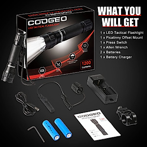 COOGEO Tactical Flashlights 1200 Lumens LED Weapon Light with Picatinny Mount, Super Bright Light Included Rechargeable Batteries Switch for Self Defense, Hunting, Camping, Hiking