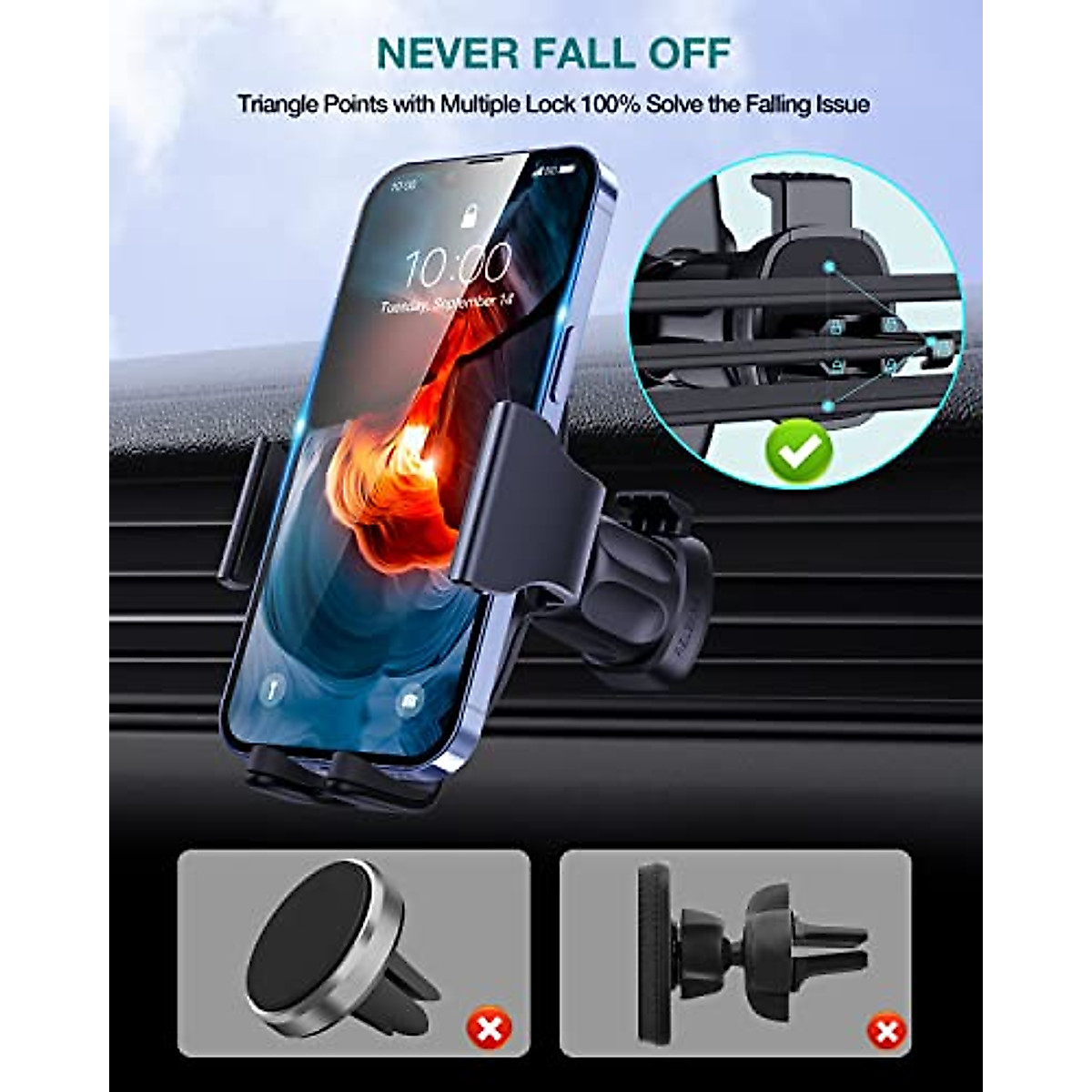 Diaclara Car Phone Holder Mount, [Military Sturdy, Firmly Grip & Never Slip] Universal Car Phone Mount, Metal Hook Clip Car Vent Phone Mount Compatible with All iPhone Samsung Android Smartphone