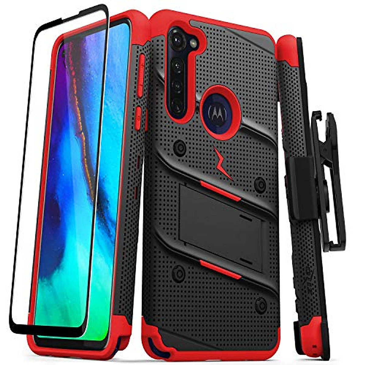 ZIZO Bolt Series for Moto G Stylus (2020) Case with Screen Protector Kickstand Holster Lanyard - Black & Red