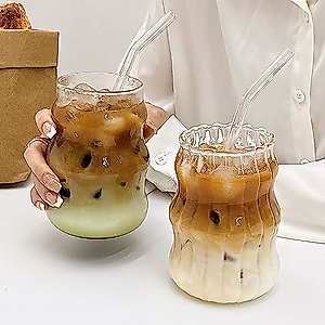 GUOJOZO 2 Pcs Ribbed Glass Cups 18 Oz Vintage Drinking Glassware Ripple Cocktail Glasses for Iced Coffee Juice Beverage Milk