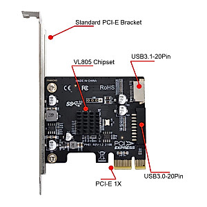 cablecc 5Gbps Type-E USB 3.1 Front Panel Socket & USB 2.0 to PCI-E 1X Express Card VL805 Adapter for Motherboard